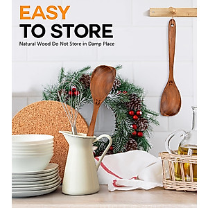 Wooden Spoons for Cooking, Natural Premium Teak Wood Corner Spoon, Good Grip Large Wooden Spoons and Wooden Spatula, Heat Resistant Wooden Cooking Utensils for Nonstick Cookware Cooking Gifts