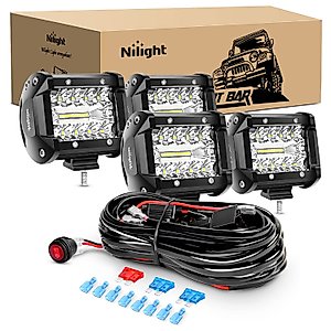 Nilight - ZH416 4PCS 4Inch 60W Triple Row Flood Spot Combo 6000LM LED Pods Light Bar Driving Boat Led Off Road Lights with 16AWG Wiring Harness-4 Leads