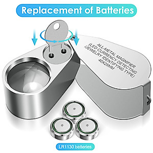 Leffis 40X Jewelers Loupe Magnifier Magnifying Glasses, LED/UV Illuminated Jewelry Loop Pocket Folding Magnifying Glass with Metal Construction for Close Work, Gardening, Kids, Stamp, Rock Collecting