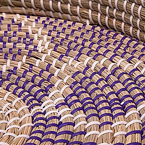 Woven Seagrass Tray with Handles, 18 Inch Round, Purple Floral Design for Centerpiece, Walls, Tables