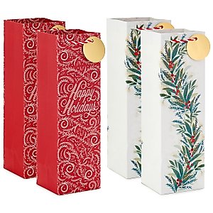 Hallmark Christmas Wine Bottle Gift Bags with Handles and Gift Tags (4 Bags: Red Happy Holidays, Green and White Garland) for Housewarmings, Coworkers, Winter Weddings, Thank You Gifts
