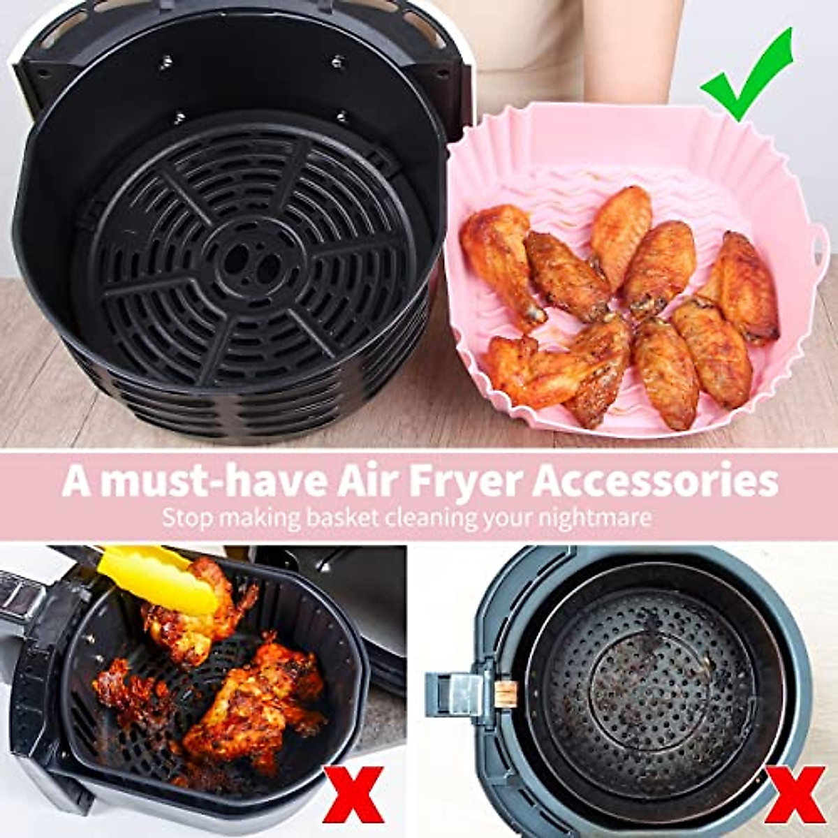 MaMix Silicone Air Fryer Liners 2 pack，8 inch Reusable Air Fryer Pot for 4 to 7 QT Air Fryer Inserts for Oven Microwave Accessories (Green+Pink)