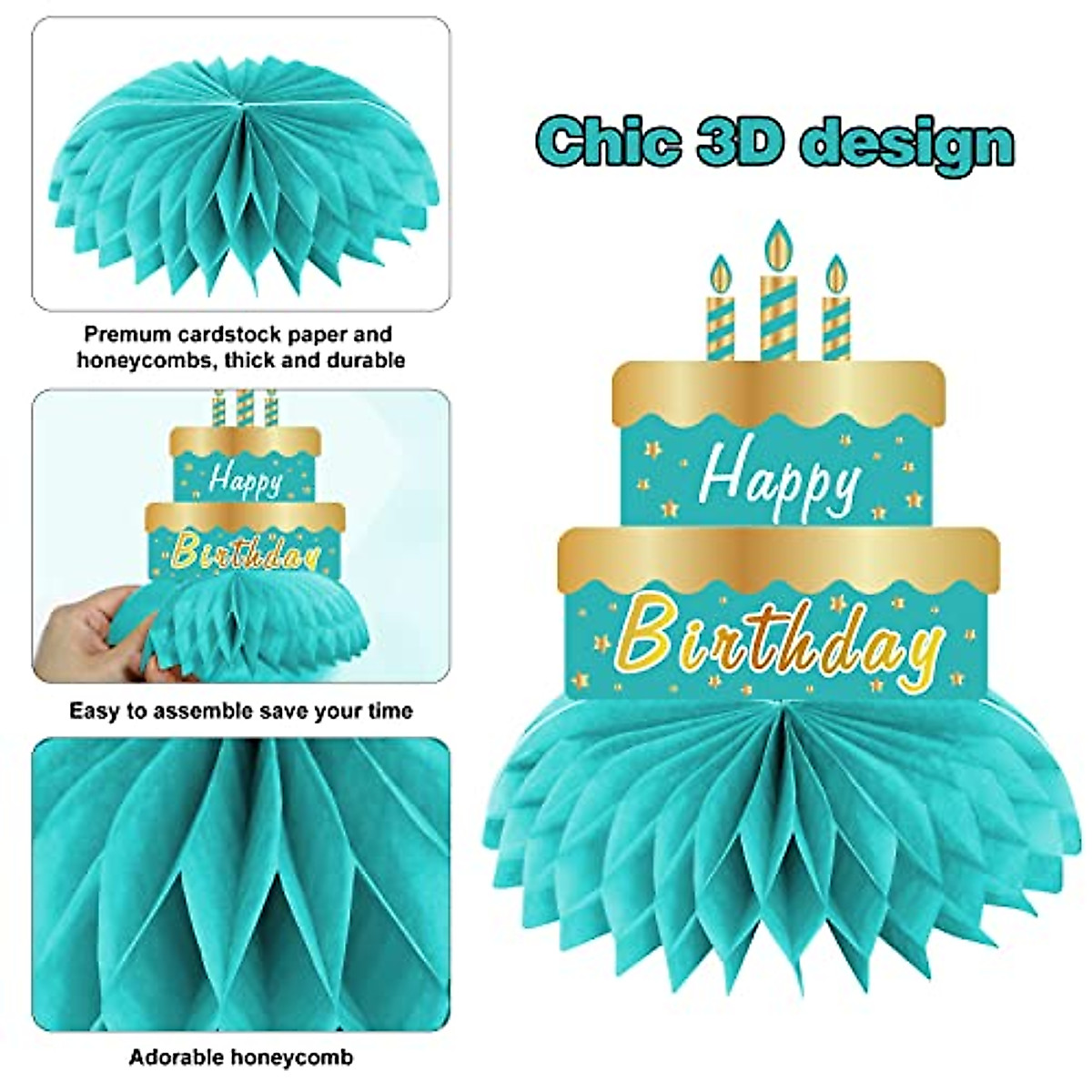 Teal and Gold Birthday Decorations Honeycomb Centerpiece for Women Girls, 8Pcs Breakfast Blue Gold Happy Birthday Table Centerpiece Party Supplies, 16th 21st 30th 40th 50th Birthday Table Topper Decor