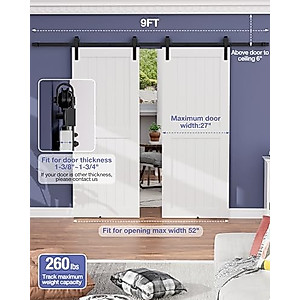 ZEKOO 9 FT Barn Door Hardware Kit for Cabinet Closet, Sliding Door Hardware for Double Barn Door, Heavy Duty Black Barn Door Track with Steel Hanger, Slide Smoothly Quietly, Easy Install