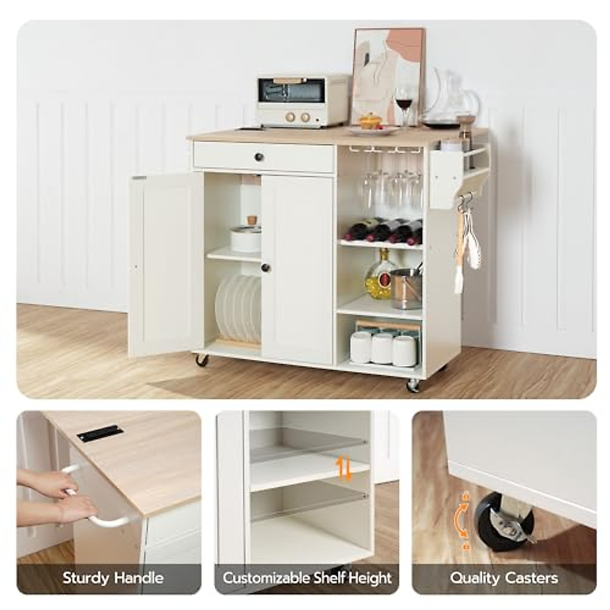 HOOBRO Kitchen Island with Storage, Rolling Kitchen Island with Folding Drop Leaf, Charging Station, Spice Rack, Drawer, Mobile Kitchen Island On Wheels, for Kitchen, White and Natural WN95UZD01