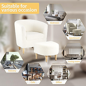 DAZONE Sherpa Chair, Accent White Fluffy Chair Teddy Barrel Chair with Ottoman Comfy ArmChair Footrest Set For Living Room Upholstered Club Tub Sofa Chair for Bedroom Reading Room