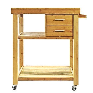 Home Aesthetics Rolling Kitchen Island Cart with Drawers Shelves, Towel Rack, Locking Casters, Butcher Block Food Prepping Cart Trolley on Wheels, Bamboo Wood