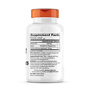 Doctor's Best Betaine HCI Pepsin & Gentian Bitters, Digestive Enzymes for Protein Breakdown & Absorption, Non-GMO, Gluten Free, 120 Caps, Original Version