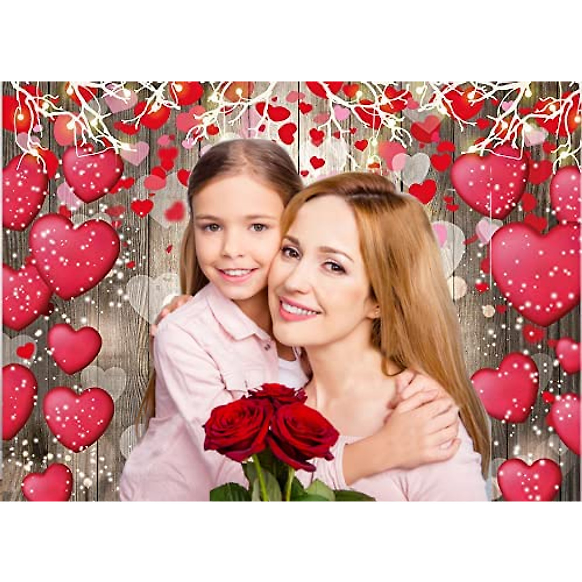 CHAIYA 8x6ft Mother's Day Backdrop Rustic Wood Red Love Heart Backdrop Mother's Day Backdrops for Photography Bridal Baby Shower Decoration Banner