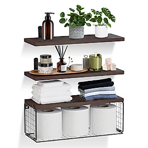 Zorpupoa Floating Shelves with Storage Basket, 2 in 1 Bathroom Shelves Over Toilet, Wooden Wall Mounted Shelves for Living Room, Bedroom and Kitchen