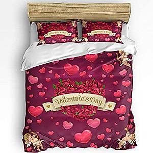 3 Pieces Bedding Set Full Size, Valentine's Day Soft Durable Duvet Cover Set Comforter Cover Set with Zipper Closure&Corner Ties All-Season Breathable Bedding Set Pink Red Love Heart Roses Romantic