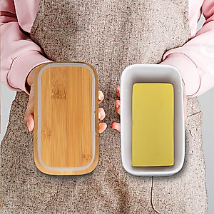 Lxmons Ceramic Butter Dish with Wooden Lid, Large Butter Container Keeper Storage with Stainless Steel Butter Knife Spreader, Bamboo Cover and Silicone Sealing Ring for West East Coast Butter, White