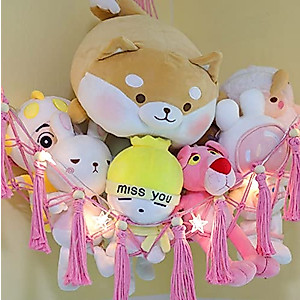 Stuffed Animal Net or Hammock with LED Light,(Large Size) Boho Handmade Cute Stuffed Animals Storage with Hooks for Hanging,Toy Storage Organizer for Kids Bedroom (Pink)
