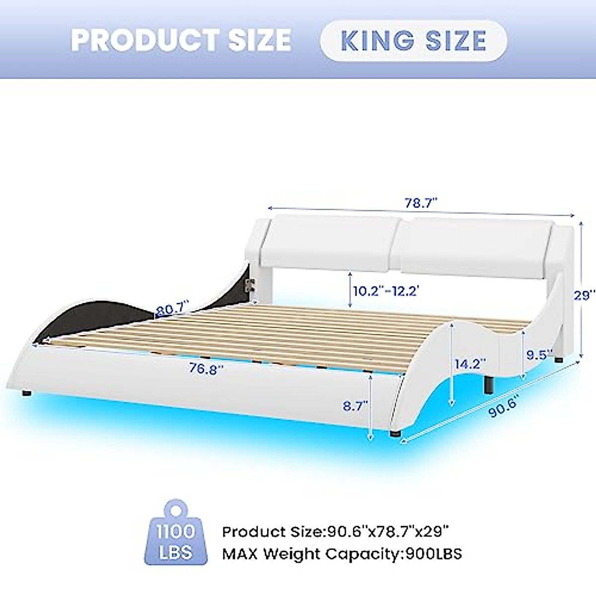 DICTAC King Size Bed Frame with LED Lights Modern King Led Bed Frame with Upholstered Headboard Faux Leather Low Profile Platform Bed Frame Wave Like Curve Bed Frame,No Box Spring Needed,White