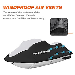 NEVERLAND Jet Ski Cover, Jetski Covers Suitable for 2 3 Seater Heavy Duty Waterproof 210D with 2 Air Vent Marine Grade UV Resistant Compatible with Yamaha Sea-Doo Kawasaki Lengths 115'' to 120"