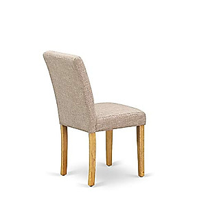 East West Furniture DLAB3-OAK-04 3Pc Round 42" Dining Room Table With Two 9-Inch Drop Leaves And 2 Parson Chair With Oak Leg And Linen Fabric Light Fawn, 3 Pieces