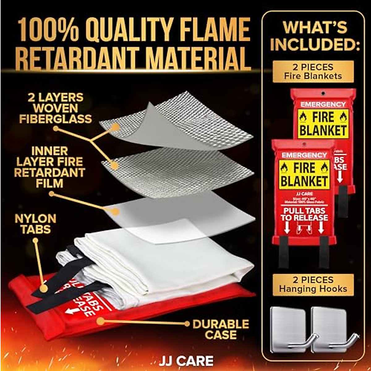 JJ CARE Fire Blanket – 2 Packs with Hooks – Emergency Fire Blanket for Home & Kitchen, High Heat Resistant Fire Suppression Blankets for Home Safety, Kitchen, and Camping