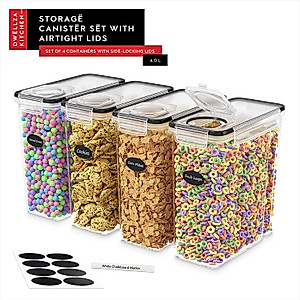 DWËLLZA KITCHEN Cereal Containers Storage Set - Cereal Dispenser Airtight Food Storage Container BPA-Free 4 Pc (135.2oz) Pantry Organization and Storage 8 Labels 1 Marker, Canister for Sugar & Flour