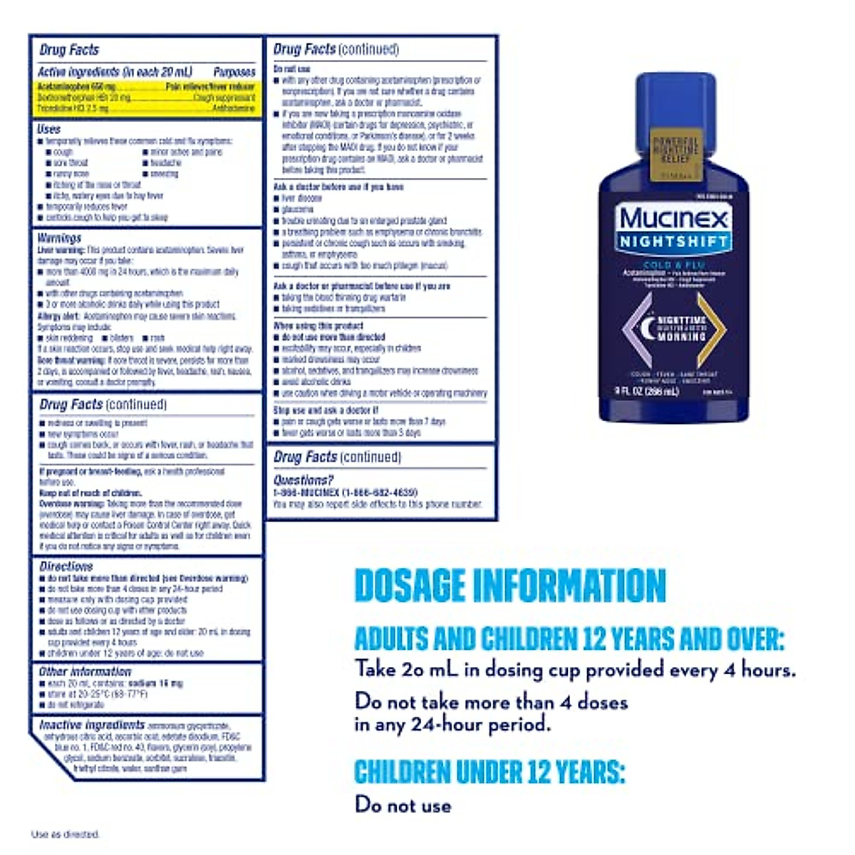 Mucinex® Nightshift® Cold & Flu Liquid 9 fl. oz. Relieves Fever, Sneezing, Sore Throat, Runny Nose, and Controls Cough