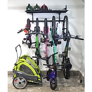 StoreYourBoard 5 Bike Essential Garage Rack, Wall Mount Bicycle Storage, Adjustable Hanger System (5 Bike Rack + Shelf)