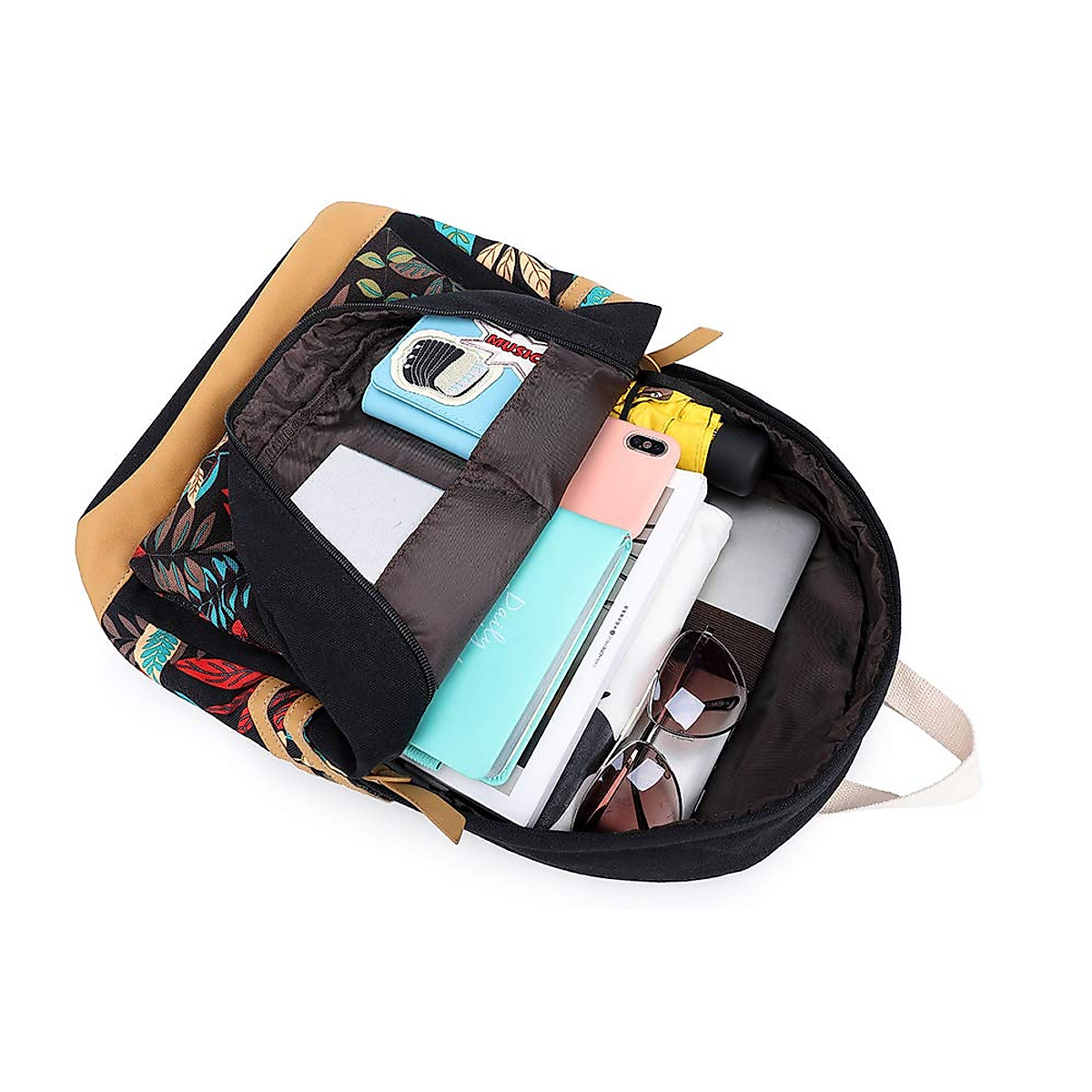 LuckyZ Women Casual Backpack Lightweight School Bookbag Canvas Leather Daykpack Cute Printng Travel Shoulder Rucksacck Leaf Black Medium