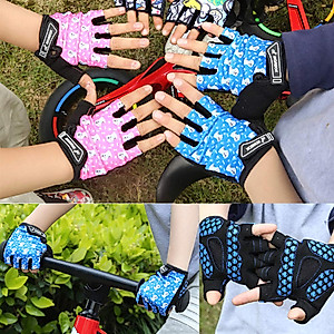 MOREOK Kids Cycling Gloves,Gel Padding Bicycle Half Finger Pair Dog Bars, Fit Boy Girl Youth Age 2-11, Outdoor Sport Road Mountain Bike Gloves Blue-S