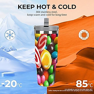 30oz Stainless Steel Insulated Tumbler with Flip Lid & Straw, Leakproof Travel Mug for Car, Colorful Candy Double Wall Vacuum Thermal Coffee Cup with Handle, Spill-Proof Design for Hot/Cold Drinks