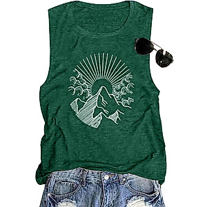 Mountain Sunrise Tank Tops Women Hiking Mountain Sleeveless T Shirt Tees Camping Vest Muscle Shirt Green