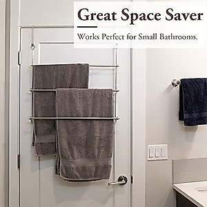MyGift 3 Tier Silver Metal Over The Door Bathroom Towel Rack, Small Space Extra Storage Towel Bar Hanger