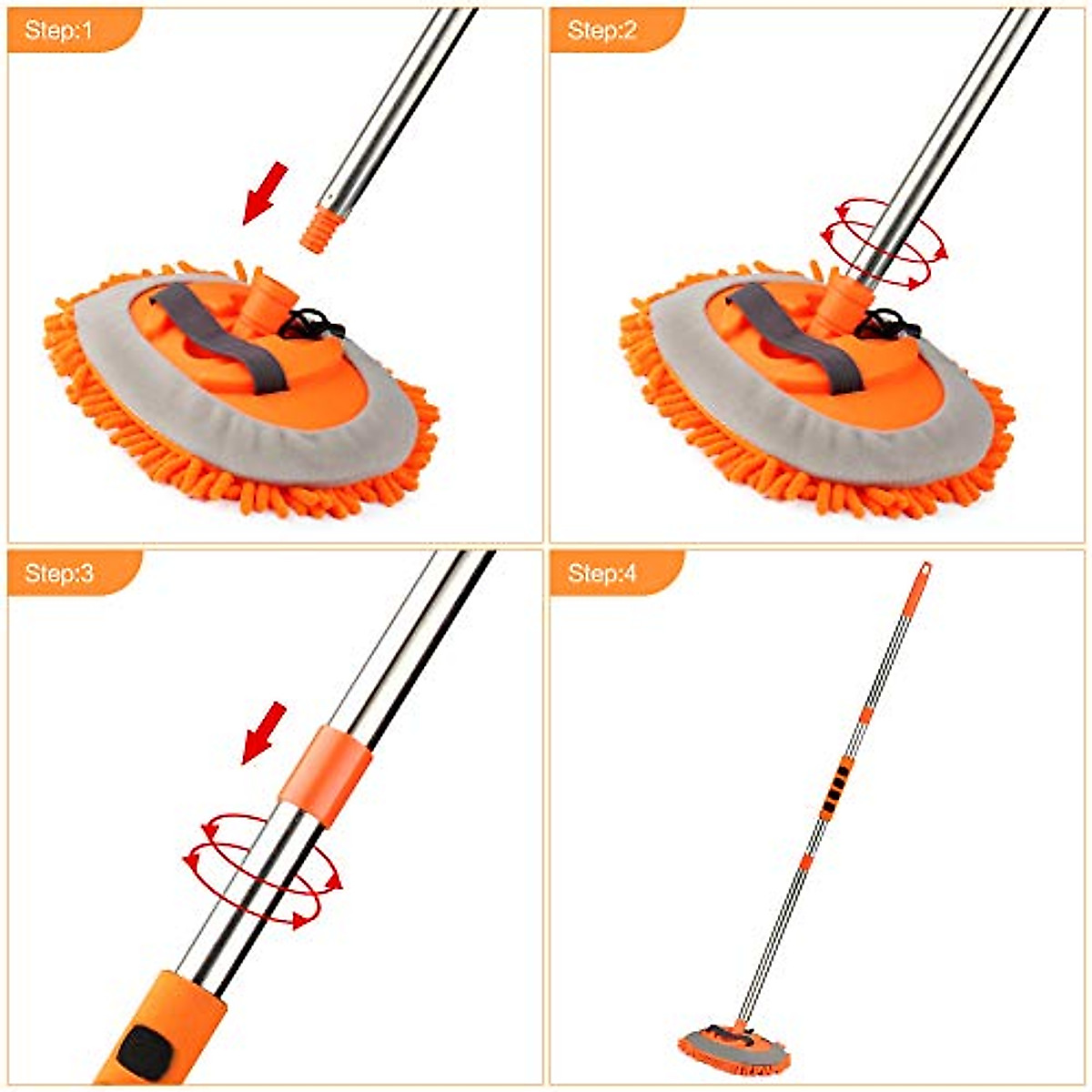 GES 62'' Car Wash Mop Mitt with Long Handle, 3 in 1 Chenille Microfiber Car Wash Brush Extension Pole, Scratch Cleaning Tool for Car, Truck, RV, Total 1 Pcs Mop Head and 1Pcs Drying Squeegee Sponge