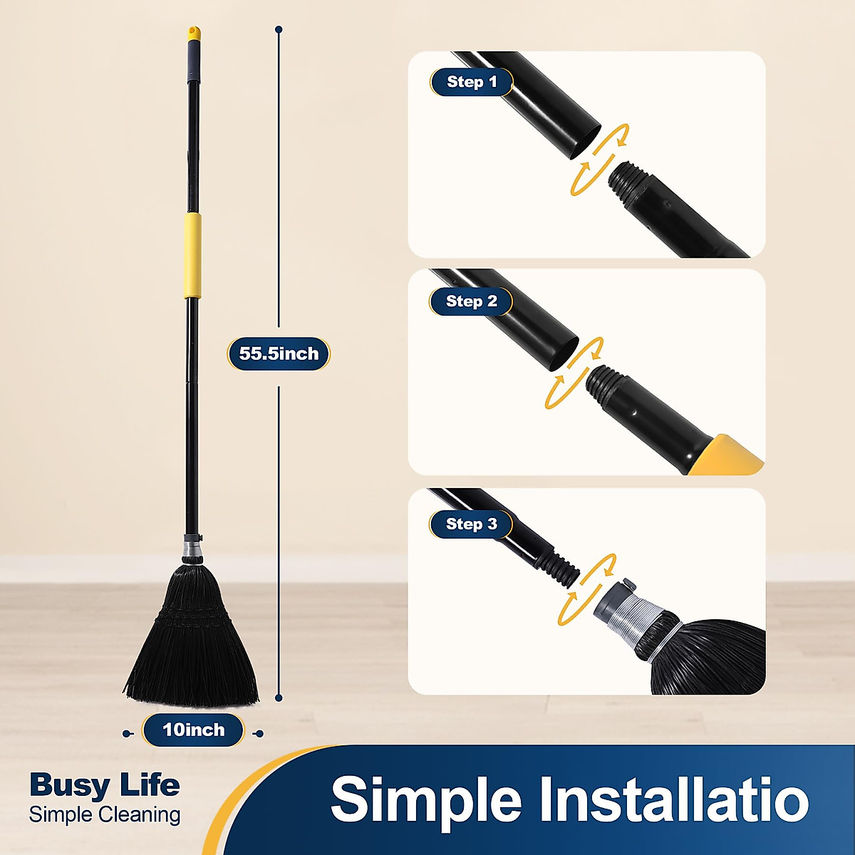 Yocada Heavy-Duty Broom Commercial Indoor Outdoor Broom 55.5 inch Tall for Courtyard Garage Lobby Mall Market Floor Home Office Leaves Stone Dust Rubbishb Black