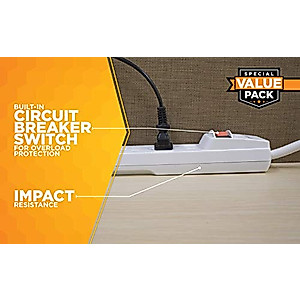 Woods 41435 Power Strip with 6 Outlets, 2.5’ Cord and Durable White Housing, 2 pack, 2-Pack