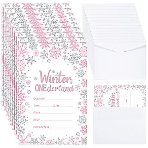 25 Pcs Winter Onederland Birthday Party Invitations with Envelopes First Birthday Decorations Winter Snowflakes Silver Pink Invitations for Holiday Winter 1st Birthday Party Supplies, 4 x 6 Inch