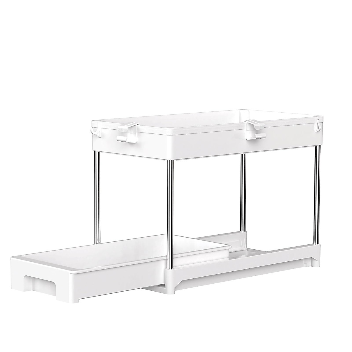 RIAAJ Kitchen Sink Shelf Pull Out Under Sink Organiser and Storage 2-Tier Sliding Cabinet Basket Organizer Drawers Bathroom Cabinet Organiser with Hooks for Desktop Kitchen Sink Organizer, White