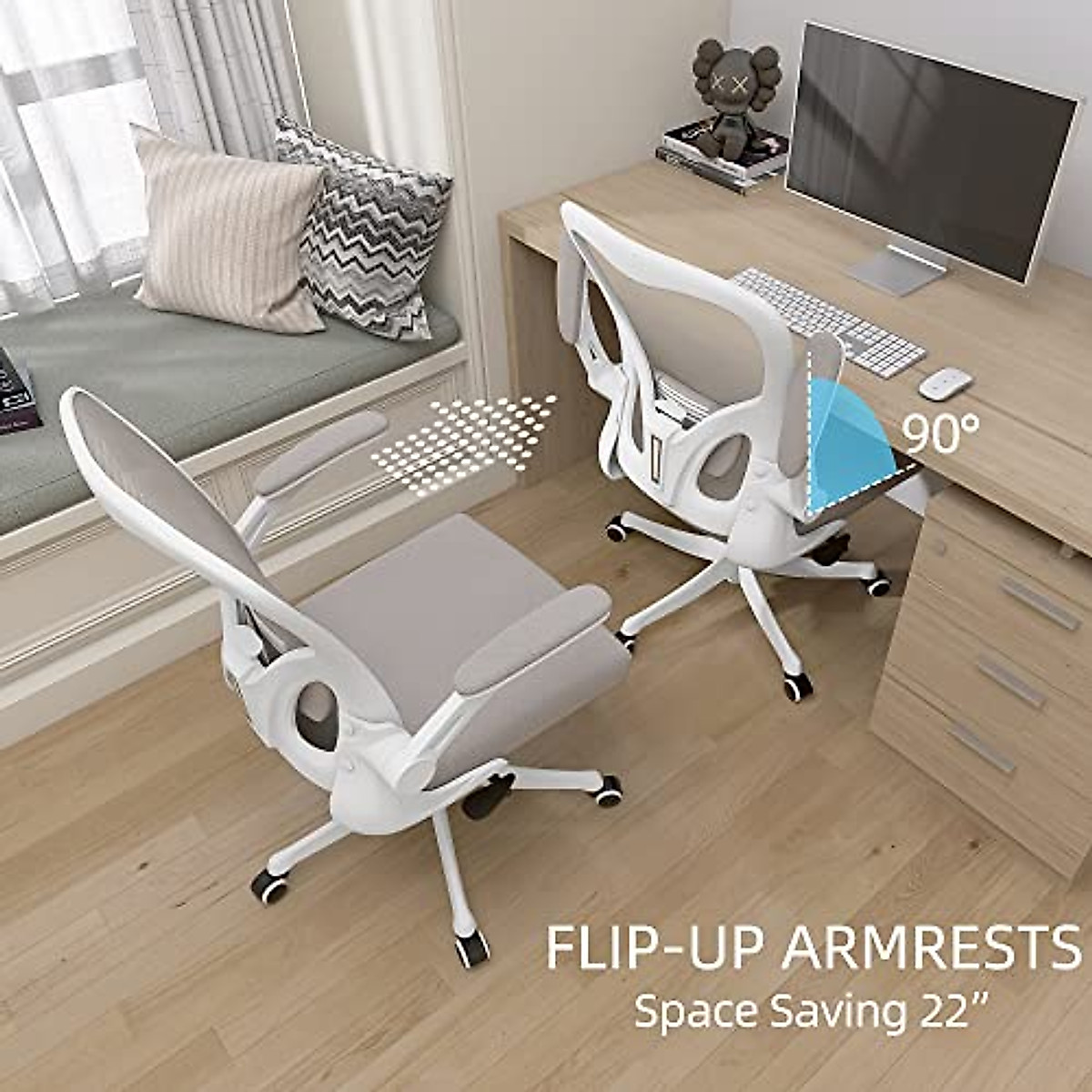 Monhey Office Chair - Ergonomic Office Chair with Lumbar Support & Flip-up Arms Home Office Desk Chairs Height Adjustable High Back Rockable Computer Chair Swivel 360° Warm Taupe Mesh Study Chair