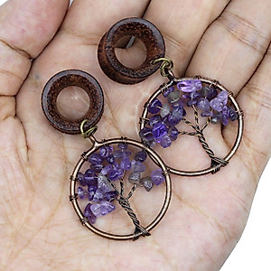 0G 8mm Amethyst Tree of Life Wood Dangle Ear Gauges Piercing Flesh Tunnels Plugs Stretching Kit Expander