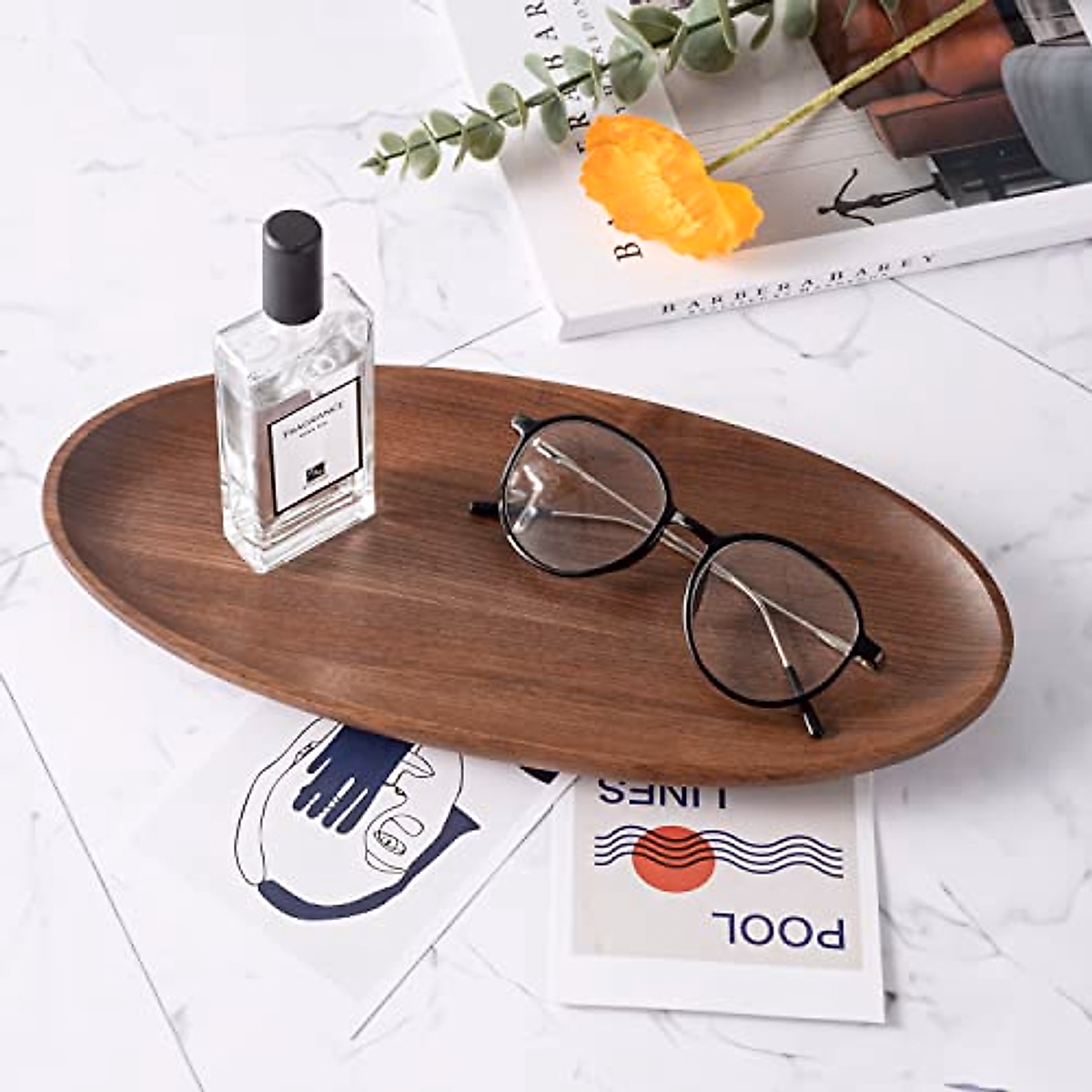 Insunen Walnut Wood Serving Decorative Tray, Oval Wooden Organizer Trays for Bathroom, Small Solid Wood Party Trays and Platters for Food Snack, 12.6 inches