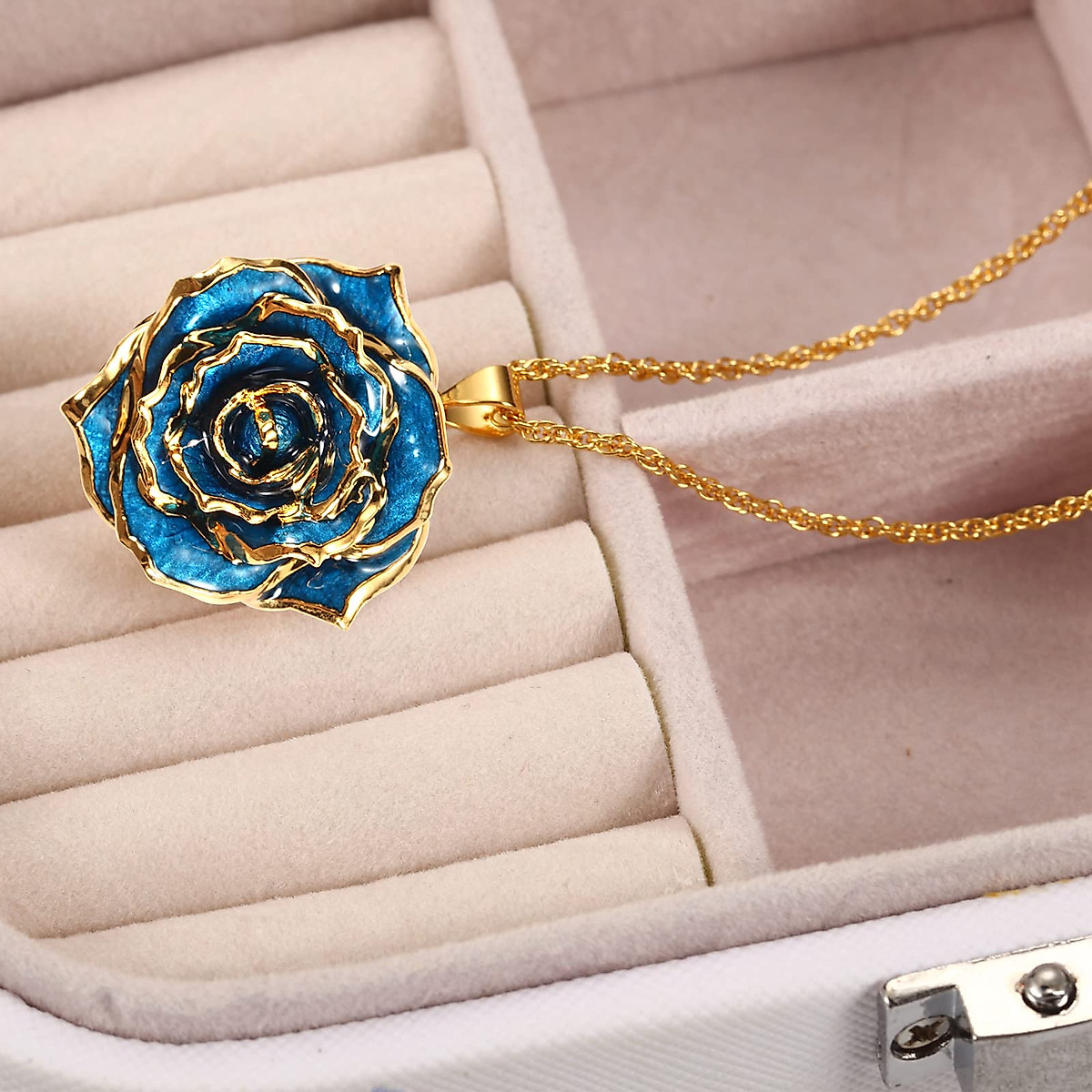 AliveRose Rose Pendant Necklaces Gifts for Women, 24K Gold Dipped Real Rose Dangle Necklace Jewelry - Ideal Gift for Her Wife Mom Anniversaries, Valentines (Blue)
