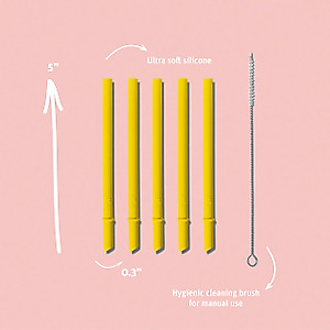 Avanchy Reusable Silicone Straws for Toddlers & Kids - 5 pcs Flexible Short Drink 5" Straws, BPA free, Baby Cup-Flexible Safe Fun Cute Thin for Chewing with Bendable Brush (White)