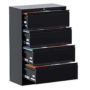AOBABO 4 Drawer Lateral Steel File Organizing Cabinet with Locking System and Adjustable Hanging Bars for Letter/Legal Size Paper, Black