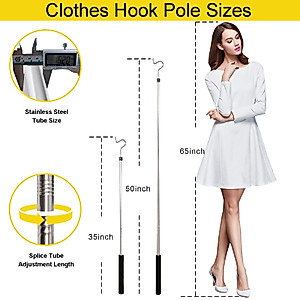 Greeily Clothes Hook Pole, High Reach Garment Hook for Hanging Clothes Light and Plants Extendable from 35" to 50" Made of Stainless Steel Tube with Sponge Handle(1)