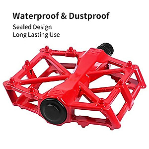 Bike Pedals Mountain Bike Pedals Aluminum CNC Bearing Bicycle Pedals, Road Bike Pedals with 16 Anti-Skid Pins Lightweight Platform Pedals for BMX/MTB Bike 9/16" Spindle Red