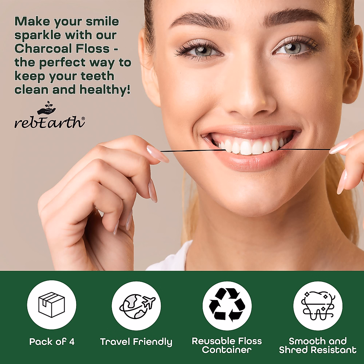 rebEarth Natural Deep Clean Charcoal Floss - Oral Care Dental Floss w/Mint Flavor, 30m Tooth Floss in Glass Container, Bamboo Floss w/Reusable Floss Container, Smooth & Shred Resistant (Pack of 4)