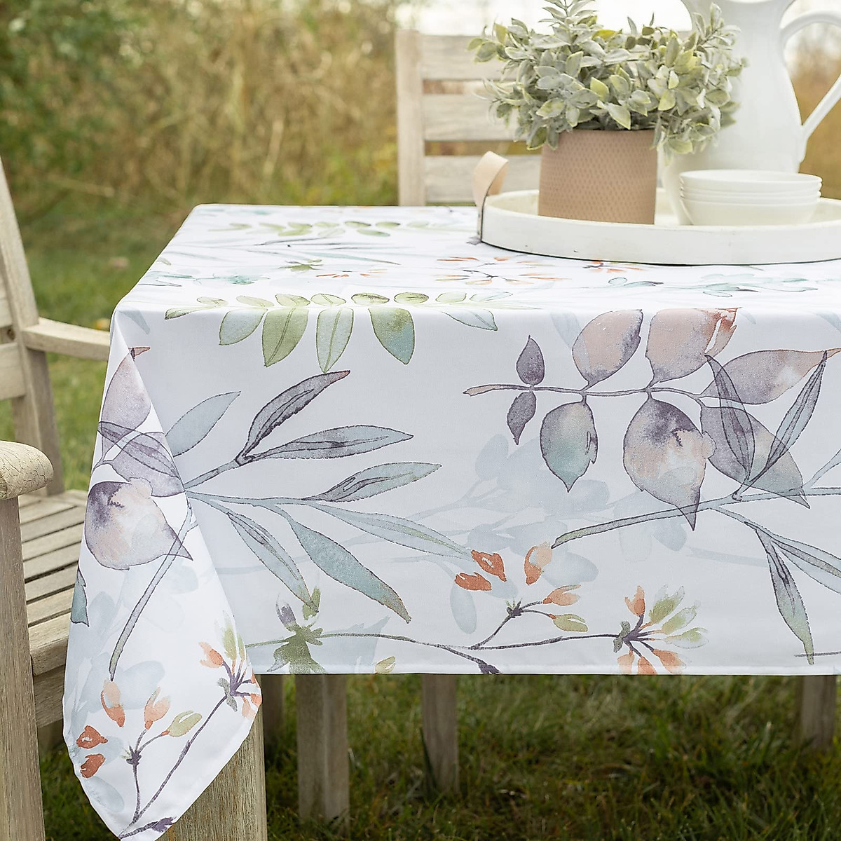 Benson Mills Spillproof Spring/Summer Fabric Outdoor Tablecloth with Umbrella Hole, Zippered Table Cloth for Rectangle Tables, Picnic/Patio Table (60" x 84" Rectangular with Umbrella Hole, Botanica)