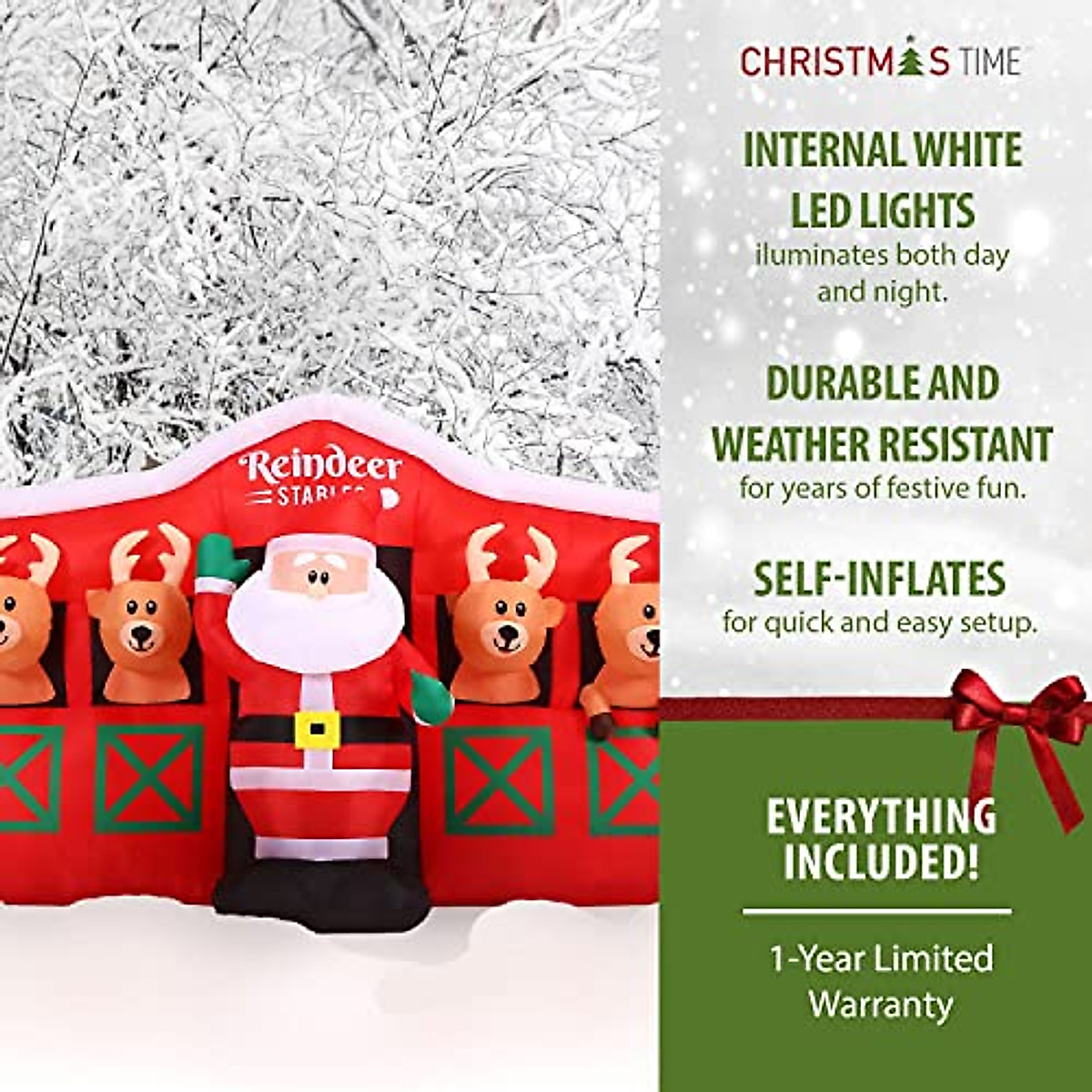 Christmas Time 4-Ft. Inflatable Santa Claus in a Reindeer Stable with LED Lights | Festive Holiday Blow-Up Decorations |Blower, Stakes, Ropes, and Storage Bag Included | CT-RDRSTBLE041-L, Red