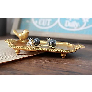 Funly mee Antique Trinket Dish Vintage Golden Metal Jewelry Tray with Bird, Ring Holder