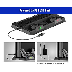 ElecGear Vertical Stand for PS4, Charging Station with Cooling Fan, Charger Dock for DualShock 4 Controller, 16x Games Blu-ray Storage Bracket Accessories Kit for Playstation 4, PS4 Pro, PS4 Slim