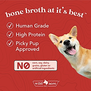 Wild Acre Premium Beef Bone Broth for Dogs – High Protein + Collagen Enhanced with Mushroom Blend for Strong Bones, Joint Flexibility, Digestive Comfort, and Immune Support - Natural Dog Food Topper
