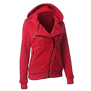JIER Plain Hoodie Oblique Zipper Sweatshirts Zip Hoodie High Neck Casual Jumper Outwear Casual Sweatshirt (Red,X-Large)