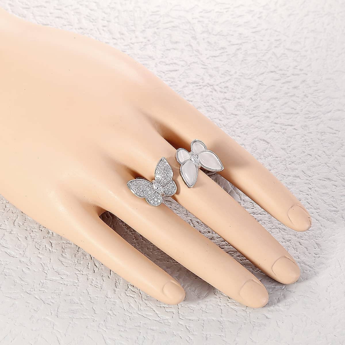 U/B Double Butterfly Rings for Women Natural Opal Ring Ladies Fashion Hand Jewelry AAA Cubic Zirconia Adjustable Ring (Silver)